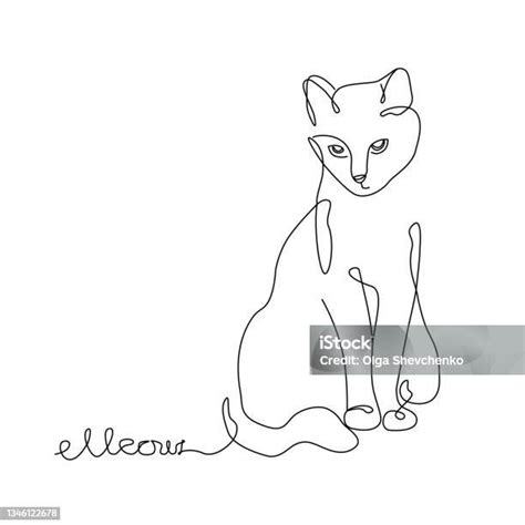 텍스트 야옹 귀여운 고양이와 한 줄 예술 스타일의 벡터 카드 흰색 배경에 고양이의 라인 아트 일러스트 애완고양이에 대한 스톡 벡터 아트 및 기타 이미지 Istock