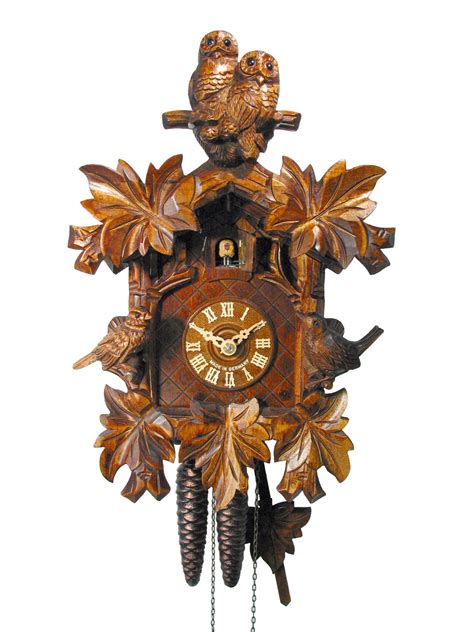 Carved 1 Day Owl And Sparrow Cuckoo Clock 33cm By August Schwer Cuckoo