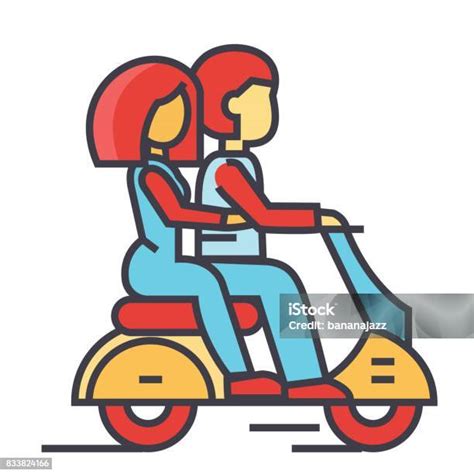 스쿠터의 개념을 운전 하는 여자와 오토바이 행복 한 남자를 타고 사랑에 커플 선 벡터 아이콘입니다 편집 가능한 선입니다 흰색