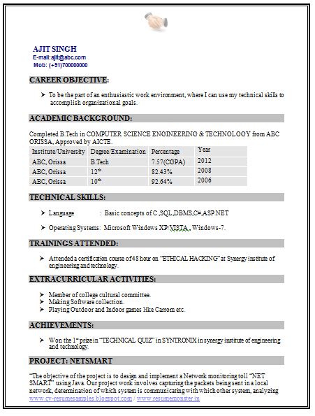 Over CV And Resume Samples With Free Download B Tech IT Resume Sample Free