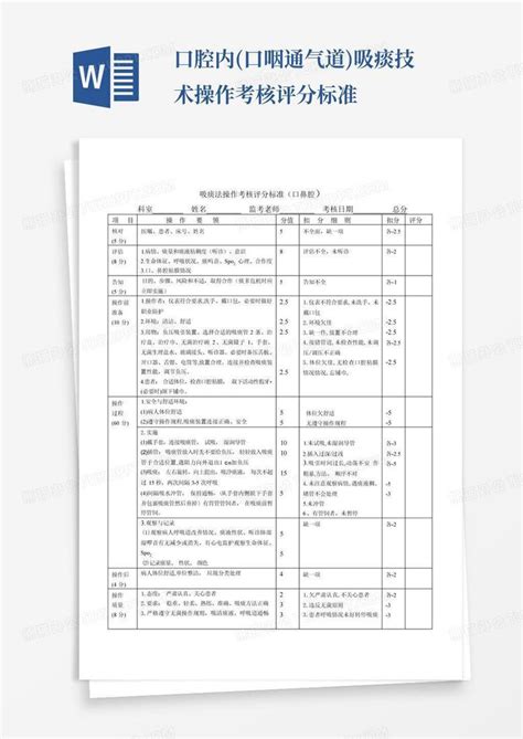 口腔内口咽通气道吸痰技术操作考核评分标准word模板下载编号qywjmdwx熊猫办公