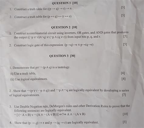 Solved Question 1 10 Construct A Truth Table For