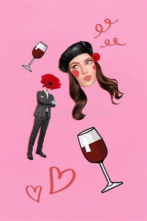 Creative Poster Collage Of Romantic Date Attractive Elegant Woman Beret