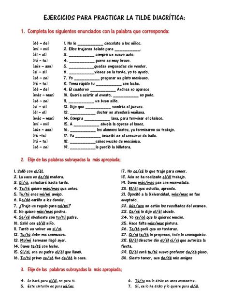 Ejercicios Para Practicar La Tilde Diacrítica En Español