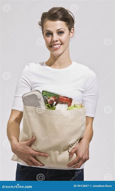 Attractive Brunette Holding Grocery Bag Stock Image Image Of