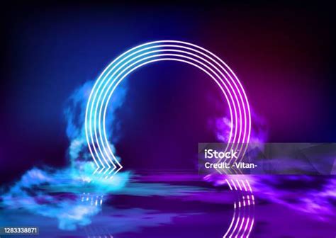 패턴 배경에 네온 색상 기하학적 원 둥근 신비한 포털 네온 사인 바닥에 파란색과 분홍색 네온 빛의 반사 어둠 속에서 빛의 광선