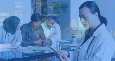 Image Of Infographic Interface Over Diverse Female Doctor Standing And