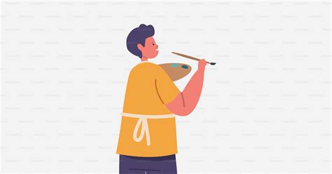 하얀 배경에 고립된 어린이 그림 아티스트 스튜디오나 미술 학교 워크숍에서 그림을 그리는 어린 소년 캐릭터는 염료 팔레트 및