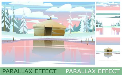 Yurt On Shore Of Frozen Lake Set Of Slides To Create Parallax Image Layer Cartoon Style Stock
