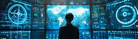 Man Standing In Front Of Futuristic Digital Screens Displaying Data Maps And Interfaces In A