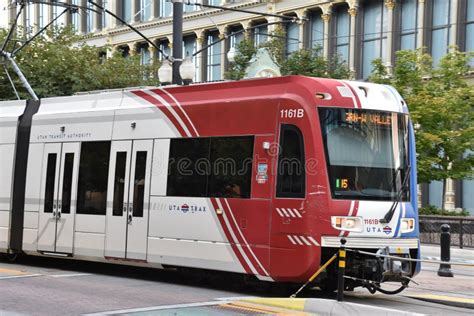 Trax Utah Transport Authority`s Light Rail System In Downtown Salt