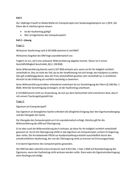 Fall 2 Lösung Fall 2 Der 14jährige K kauft im Media Markt ein