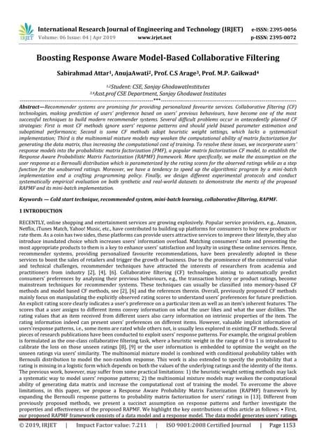 Irjet Boosting Response Aware Model Based Collaborative Filtering Pdf
