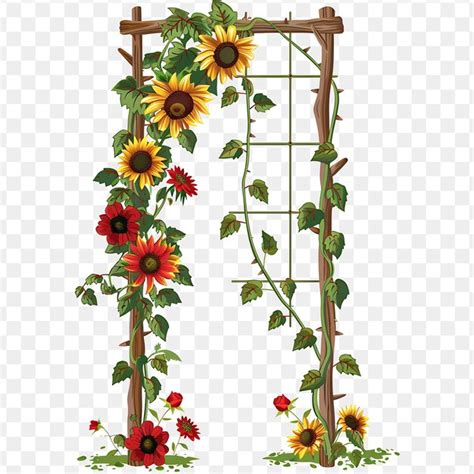 Psd Rustic Trellis Decorated With Climbing Roses And Sunflowers