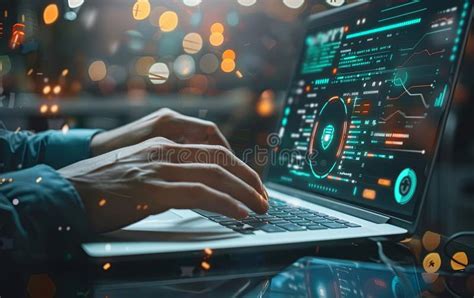 data scientist programmer using laptop analyzing financial data on futuristic virtual interface