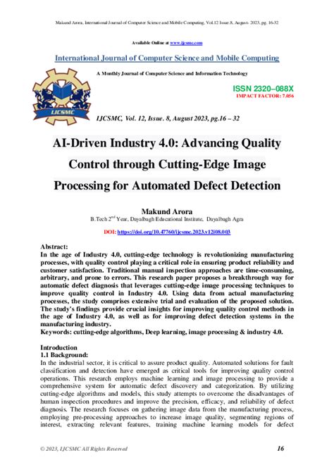 Pdf Ai Driven Industry 4 0 Advancing Quality Control Through Cutting Edge Image Processing
