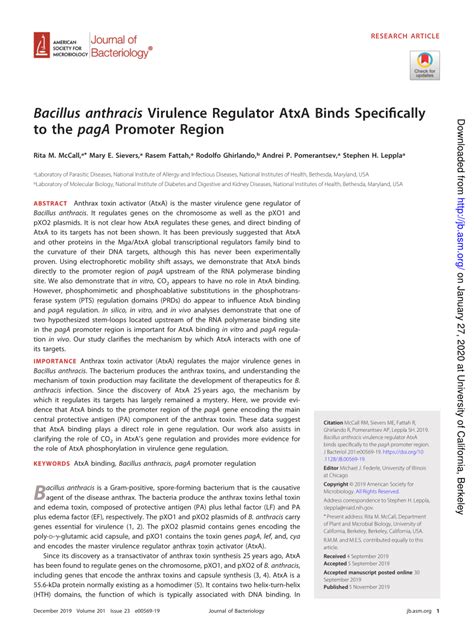 Pdf Bacillus Anthracis Virulence Regulator Atxa Binds Specifically To