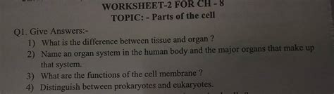 WORKSHEET FOR CH TOPIC Parts Of The Cell Q Give Answers