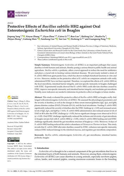 Pdf Protective Effects Of Bacillus Subtilis Hh2 Against Oral Enterotoxigenic Escherichia Coli