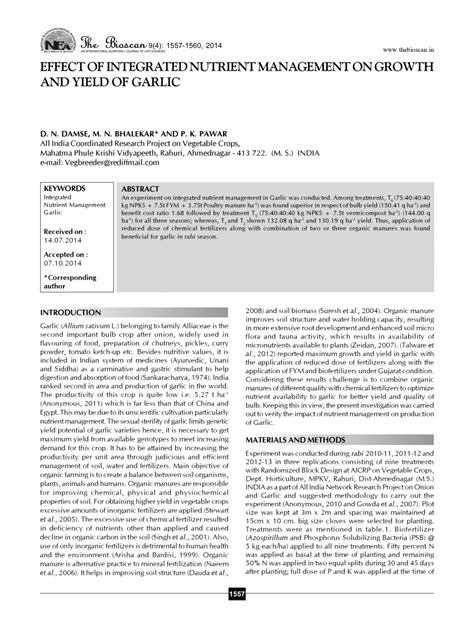 Pdf Effect Of Integrated Nutrient Management On Growth And Yield Of Garlic