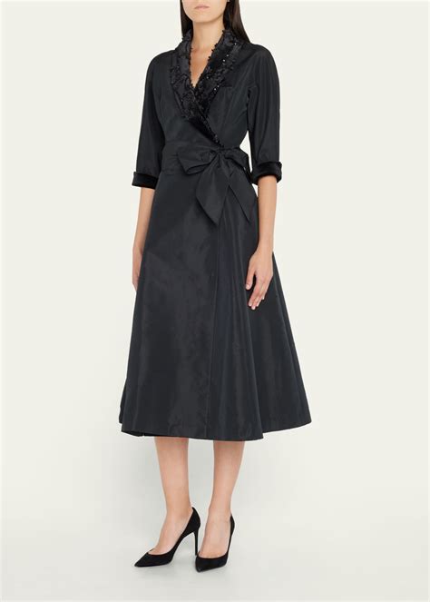 Rickie Freeman For Teri Jon Beaded Velvet Trim Shirtwaist Midi Dress