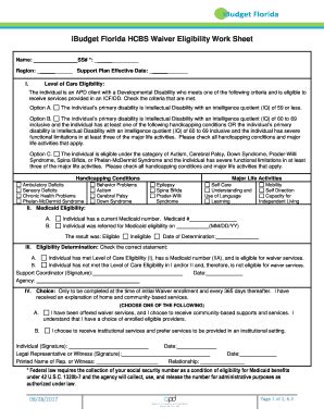 FL APD IBudget HCBS Waiver Eligibility Work Sheet 2017 2025 Fill And Sign Printable Template