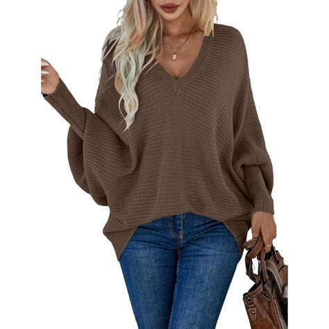 Casual Plain V Neck Pullovers Long Sleeve Mocha Brown Women Sweaters