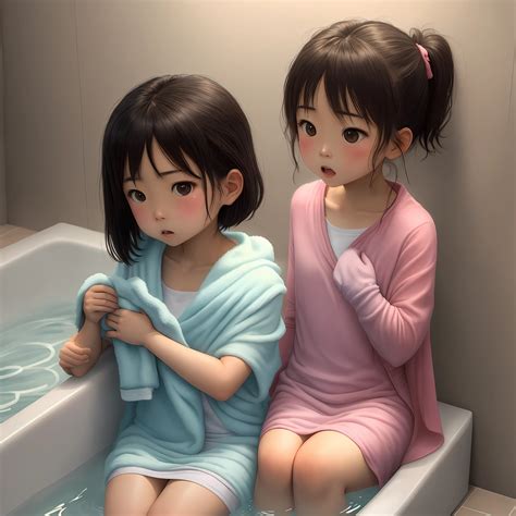 動漫女孩坐在浴缸裡，腿上放著毛巾 Seaart Ai