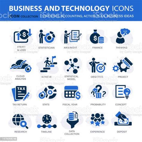 비즈니스 및 관리를 위한 아이콘 모음입니다 통계 회계 행동 계획 및 사업 아이디어에 대한 개념 아이콘입니다 평면 벡터 그림