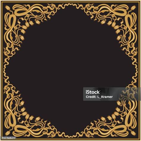 골드 아르누보 는 백합과 튤립 꽃 검은 색 배경에 황금빛 꽃 테두리가있는 프레임을 스크롤합니다 인사말 카드 비네트 꽃무늬에 대한 스톡 벡터 아트 및 기타 이미지 Istock
