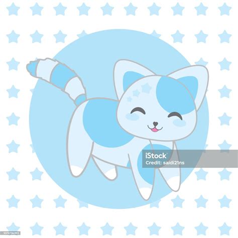 별에 귀여운 블루 고양이 함께 베이비 샤워 그림 배경 베이비 샤워 초대 카드에 적합 고양이 새끼에 대한 스톡 벡터 아트 및 기타