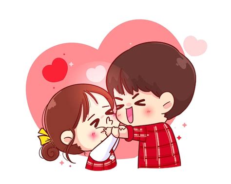뺨 해피 발렌타인 만화 캐릭터 그림에 소년 키스 귀여운 소녀 프리미엄 벡터