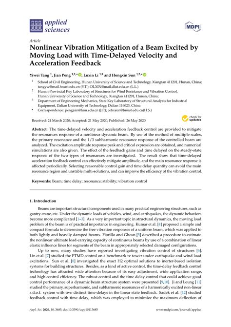 Pdf Nonlinear Vibration Mitigation Of A Beam Excited By Moving Load With Time Delayed Velocity