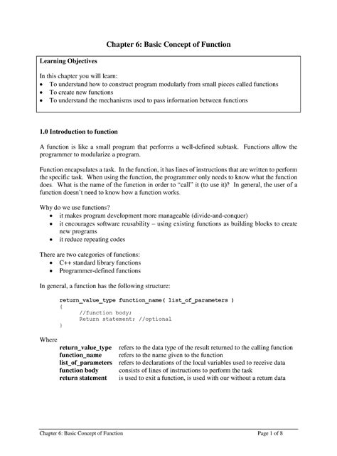 Notes 06 Functions Programming Chapter 6 Basic Concept Of Function Learning Objectives In