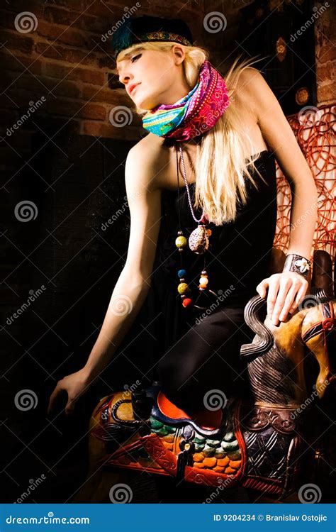 Woman And Wooden Horse Stock Images Image 9204234