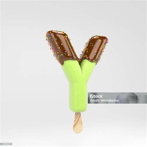 아이스크림 편지 Y 어퍼 케이스 핫 초콜렛피스타치오 아이스캔디 글꼴과 흰색 배경에 고립 뿌려 3차원 형태에 대한 스톡 사진 및