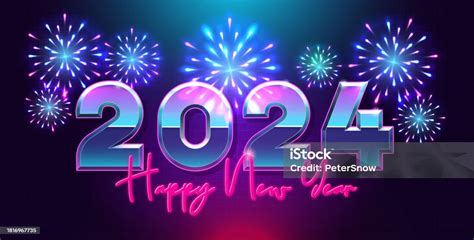 벡터 새해 복 많이 받으세요 2024 복고풍 80 년대 3d 파란색과 보라색 텍스트와 불꽃 놀이의 폭발과 배경 연말연시 웹 배너