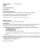 Lab Vector Addition Physics Docx Title Of Experiment Instructor Course Lab Vector