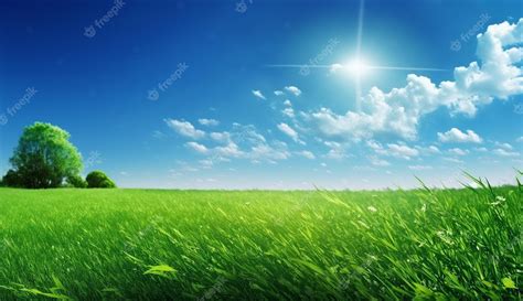 Premium Photo Green Grass Field Blue Sky Generative Ai
