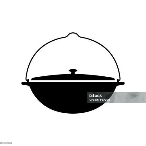 가마솥 금속 보일러 아이콘 중산모 블랙 실루엣 측면 보기입니다 벡터 간단한 평면 그래픽 그림 흰색 배경의 격리된 개체입니다 격리 가마솥에 대한 스톡 벡터 아트 및 기타