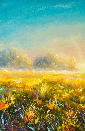 캔버스에 초원 필드에서 안개 아침 일출 일몰의 원래 유화 현대 인상주의임파스토 작품 0명에 대한 스톡 벡터 아트 및 기타 이미지 0명 들 모던 양식 Istock