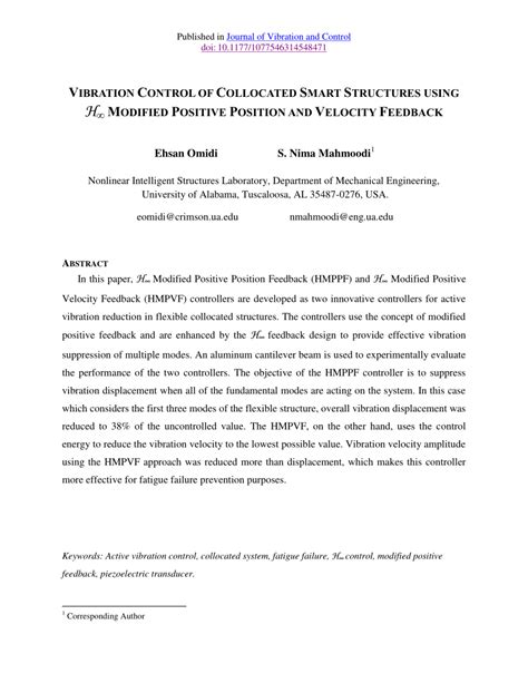 Pdf Vibration Control Of Collocated Smart Structures Using H∞ Modified Positive Position And