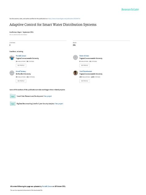 Adaptive Controlfor Smart Water Distribution Systems Pdf Internet Of Things Control Theory