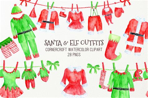 Watercolor Christmas Santa Claus And Elf Outfit Clipart By Cornercroft
