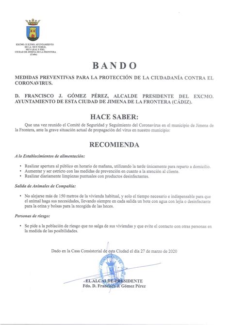 Bando Medidas Preventivas Para La Protección Contra El Coronavirus
