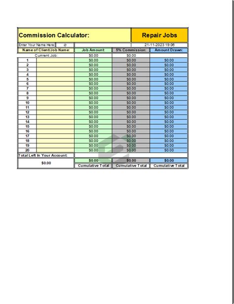 Pool Repair Job Commission Sheet Excel Template