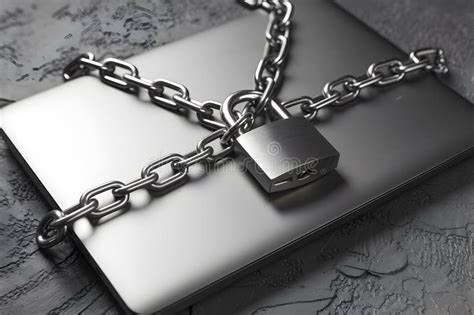 Laptop Secured With Chain And Padlock Symbolizing Strong Cybersecurity Measures Stock