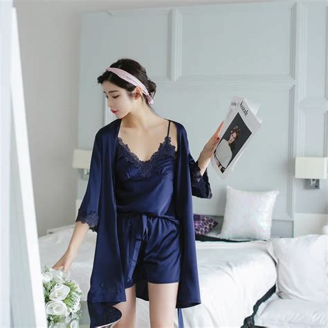 Lace Silk Pajamas Pants Set Ladies Women Long Sleeves Nightshirt