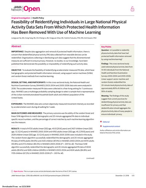Pdf Feasibility Of Reidentifying Individuals In Large National Physical Activity Data Sets