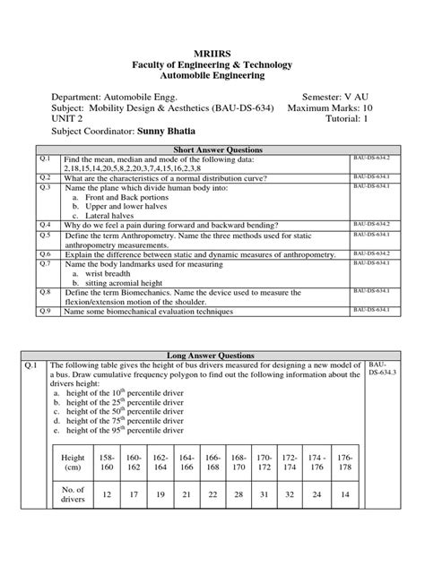 2 Unit 2 Tute Mda Anthropometric Data Pdf Percentile Mean